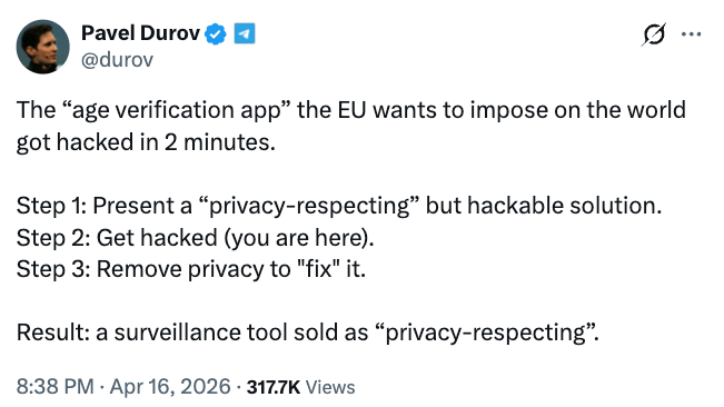 Telegram CEO Warns EU Age Verification App Risks Surveillance